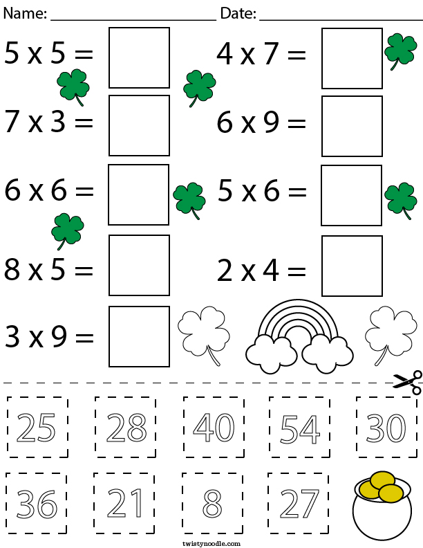 St Patrick's Day Multiplication Cut and Paste Math Worksheet - Twisty Noodle